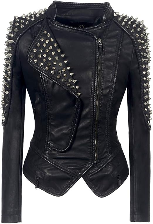 Women’s Black Studded Leather Biker Jacket | Spiked Shoulder Jacket ...